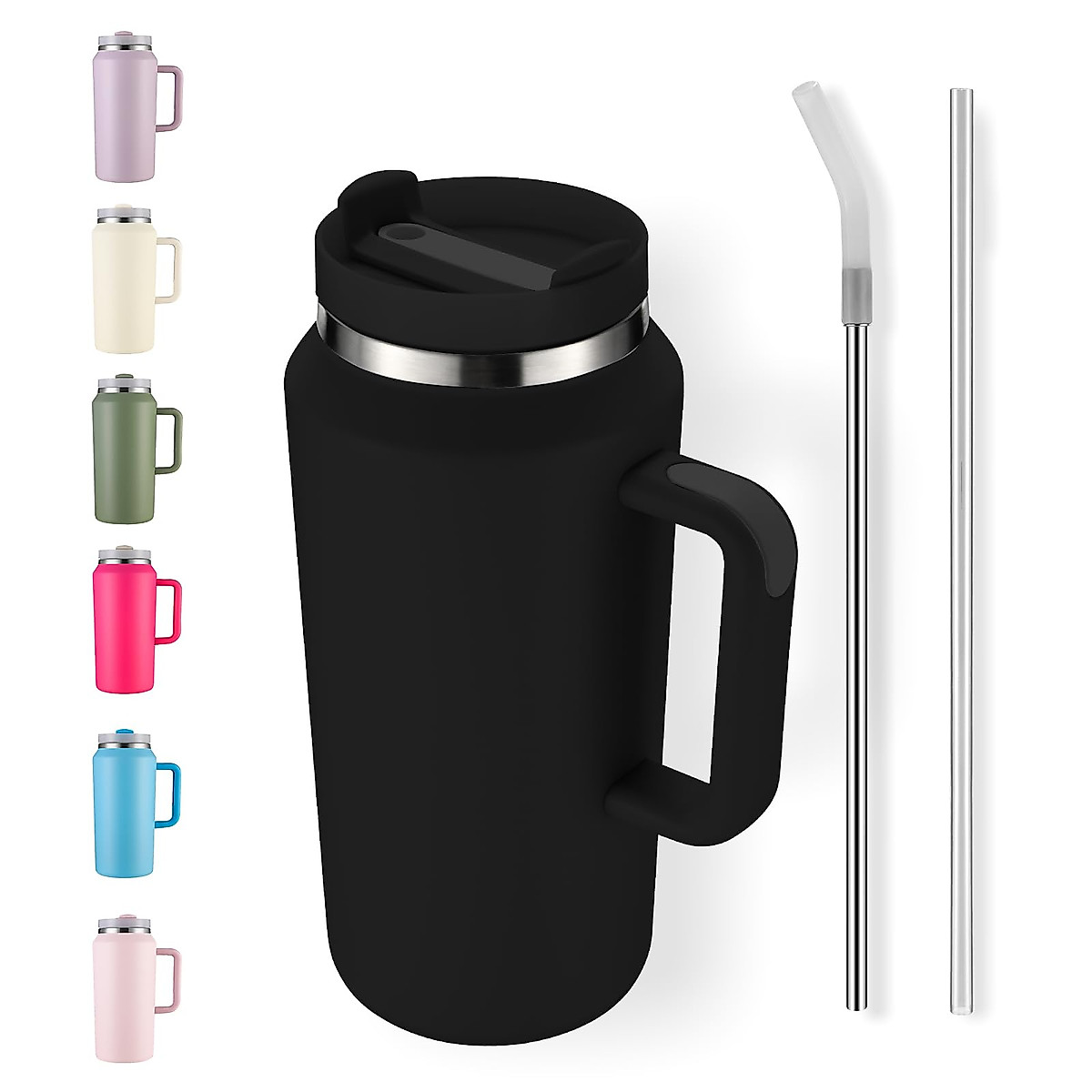 PlanetFlame 64oz Insulated Tumbler with Handle, Stainless Steel Double Wall Vacuumn Water Bottle, Lid and Straw for School, Gym, Hiking & Camping, Black