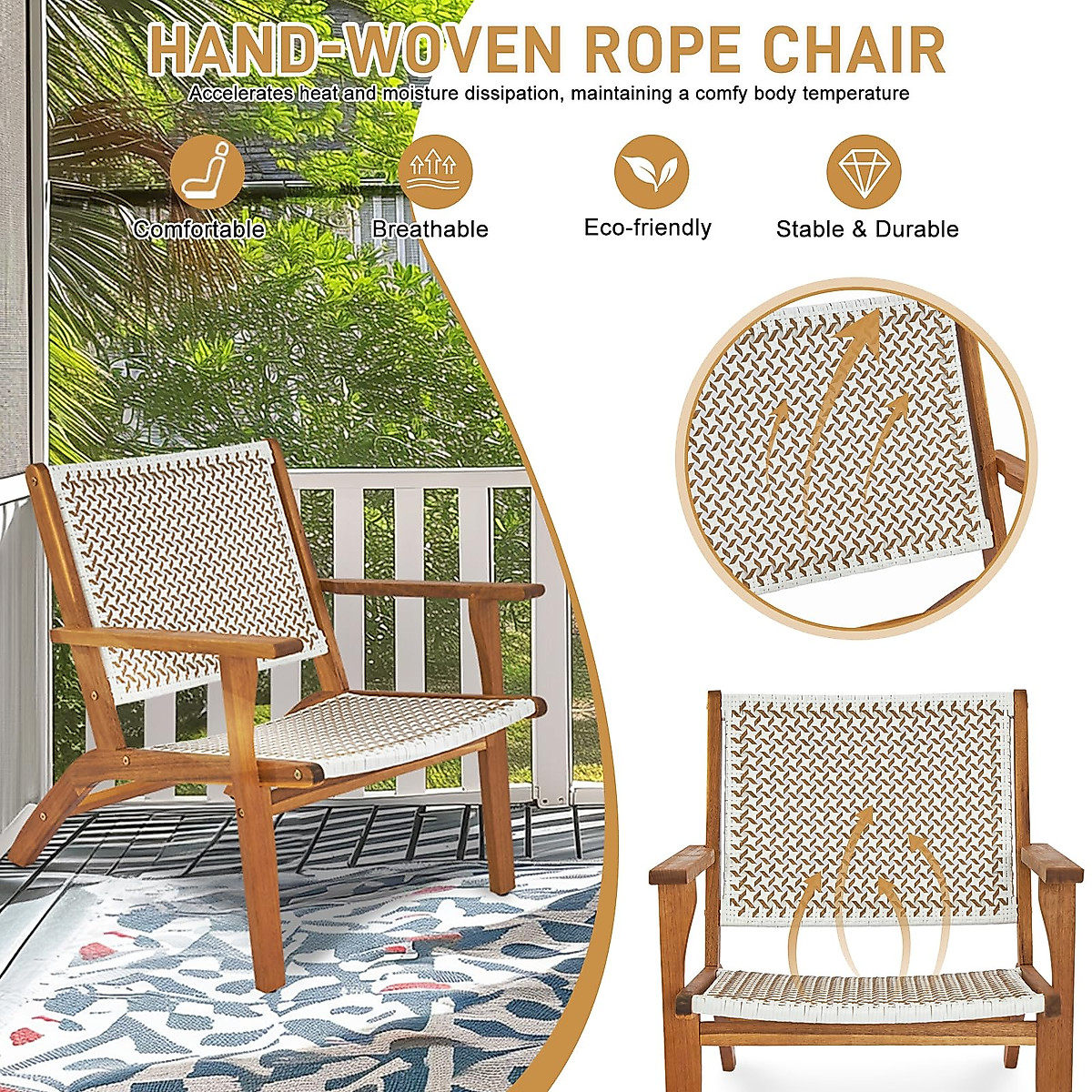 VINGLI Outdoor Lounge Chair Acacia Wood Chair, Woven Outdoor Chair Mid Century Reclining Chair for Patio Lawn Garden Backyard Deck Balcony