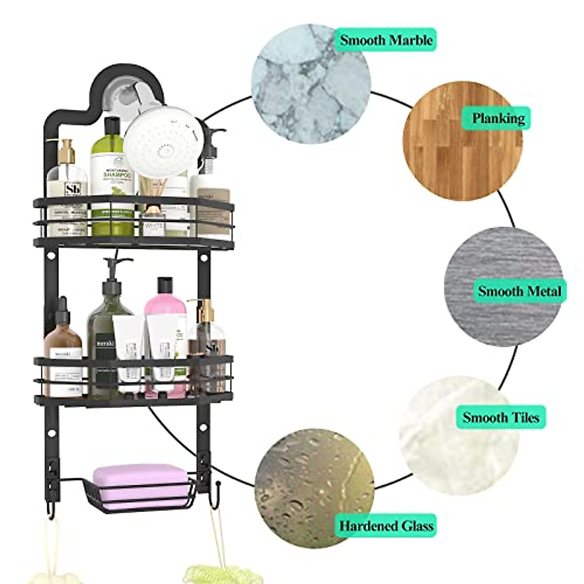 GILLAS Hanging Shower Caddy,Over Head Shower Caddy Rustproof, No Drilling Shower Storage Rack Organizer for Towels, Sponge, Shampoo, Black