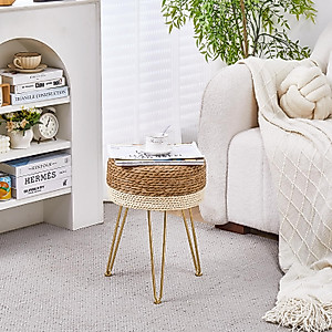 Cpintltr Natural Seagrass Hand Weave Poufs Vanity Stool Velvet Ottoman Stool Round Ottoman Foot Stool with Metal Legs for Living Room Bedroom Natural White