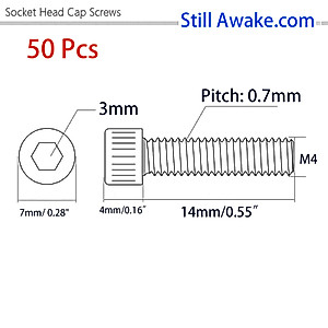 50 Pcs M4-0.7x14mm Stainless Steel Hex Socket Head Cap Screws Bolts Inner Hex Socket Bolt DIN 912