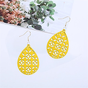 SMALLLOVE Bohemian Wooden Hollow African Earrings for Women Natural Light Weight Wood Teardrop Drop Dangle Hook Earrings (yellow)