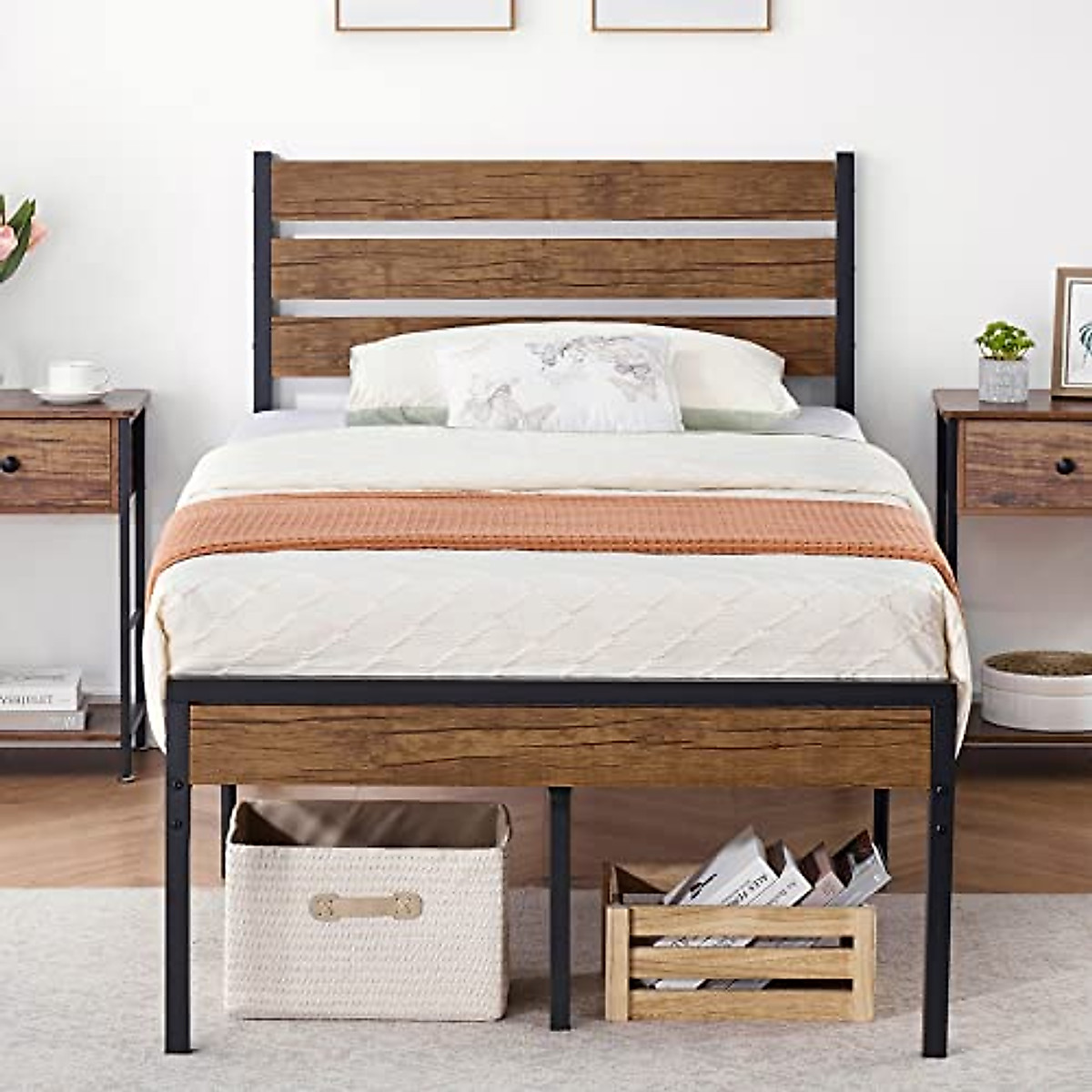 Alkmaar Bed Frame with Wood Headboard and Metal Slats Support Platform Bed Frame with Storage No Box Spring Needed (Twin)