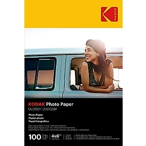 KODAK Photo Paper Gloss 4 X 6, 100 count, 52lb-200 g/m 2-8.5MIL (41180-1743327) Not compatible with Kodak Dock Printers.