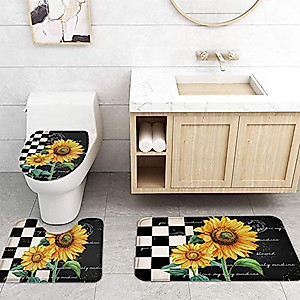 4 Piece Bathroom Set, Farm Floral Sunflowers Black and White Checkered Plaids Shower Curtain and Bath Mat Set with Non-Slip Rugs, Toilet Lid Cover Modern Waterproof Shower Curtain Set 36x72 Inch