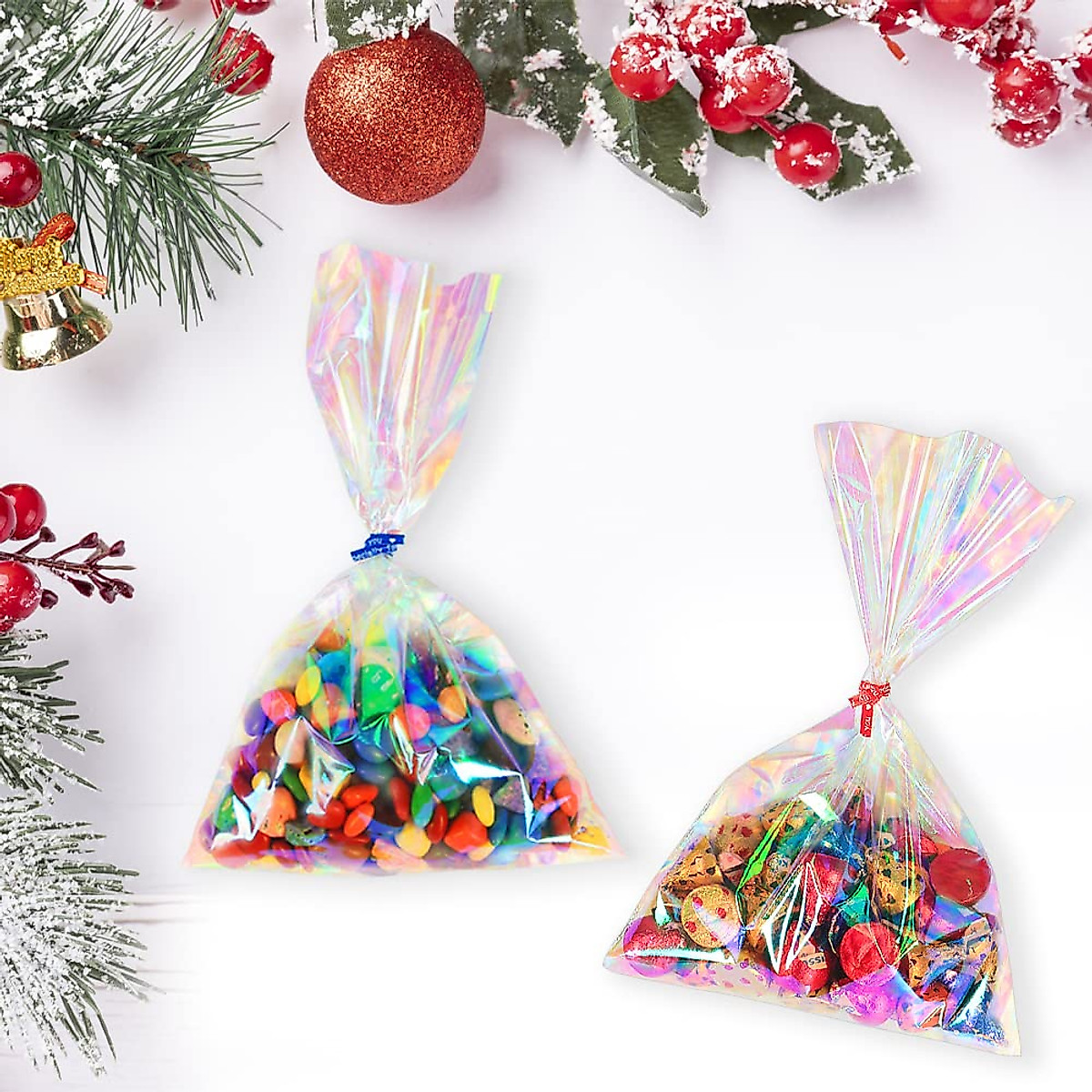 HRX Package 120pcs Iridescent Cellophane Treat Bags with Ties, 6x9 inch Holographic Plastic Goody Bags for Candy Party Favors Small Gifts