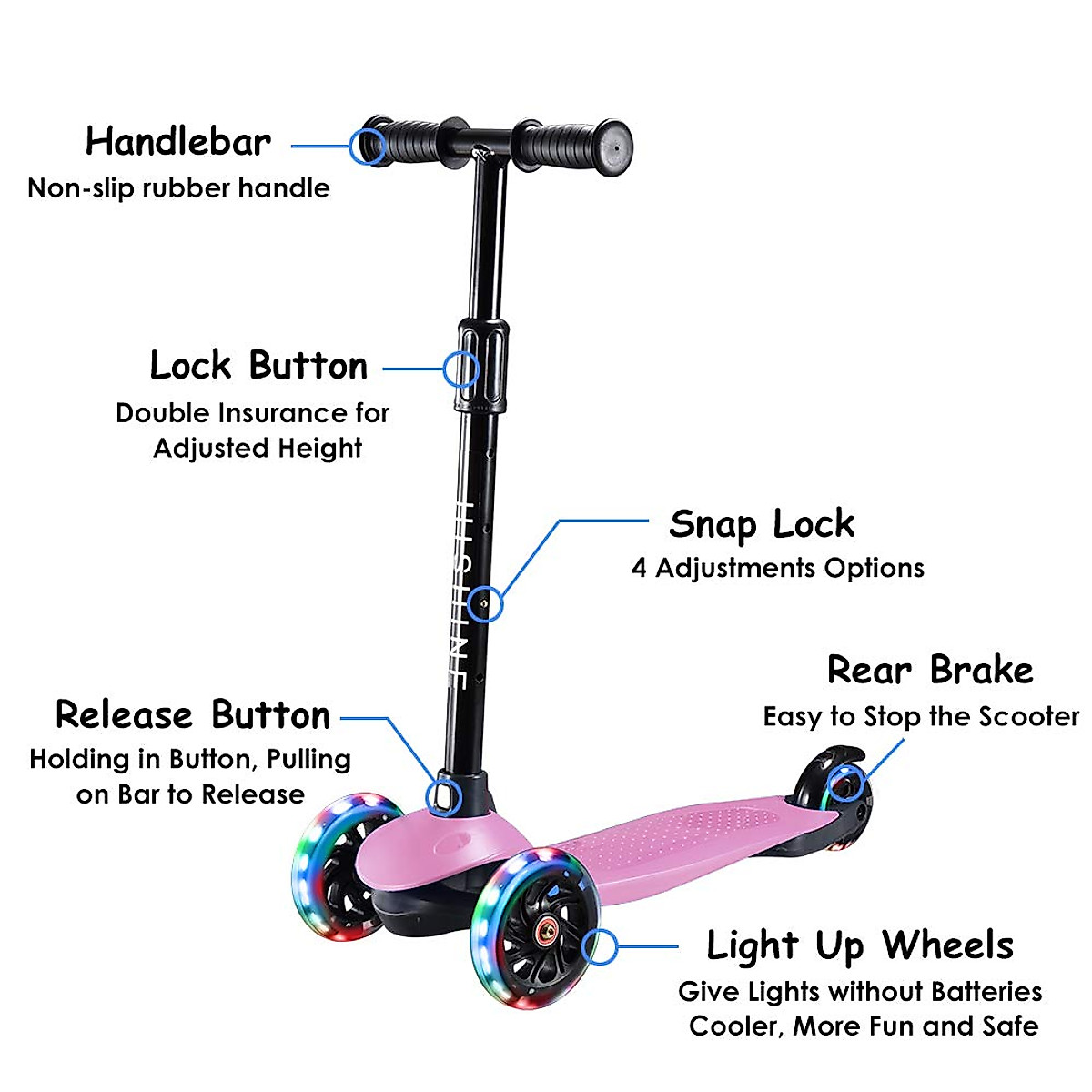 Kids Kick Scooters for Toddlers Boys Girls Ages 2-5 Years Old, Adjustable Height, Extra Wide Deck, Light Up Wheels, Easy to Learn, 3 Wheels Scooters, Pink