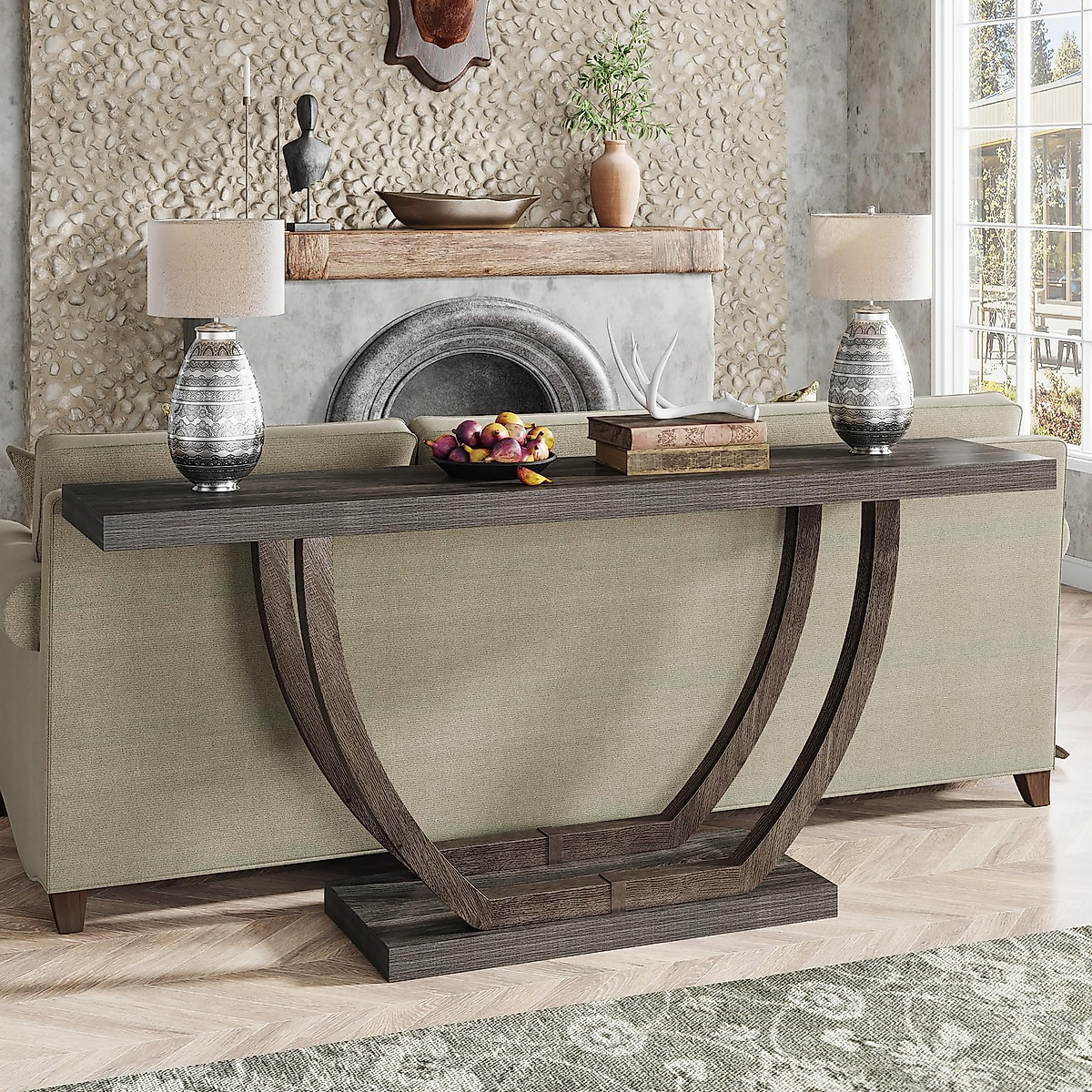 Tribesigns 63-Inch Skinny Console Table with Geometric Base 2-Tier Farmhouse Sofa Table Narrow Long, Thickened Behind Couch Table with Shelves for Living Room Foyer Corridor (Rustic Grey)