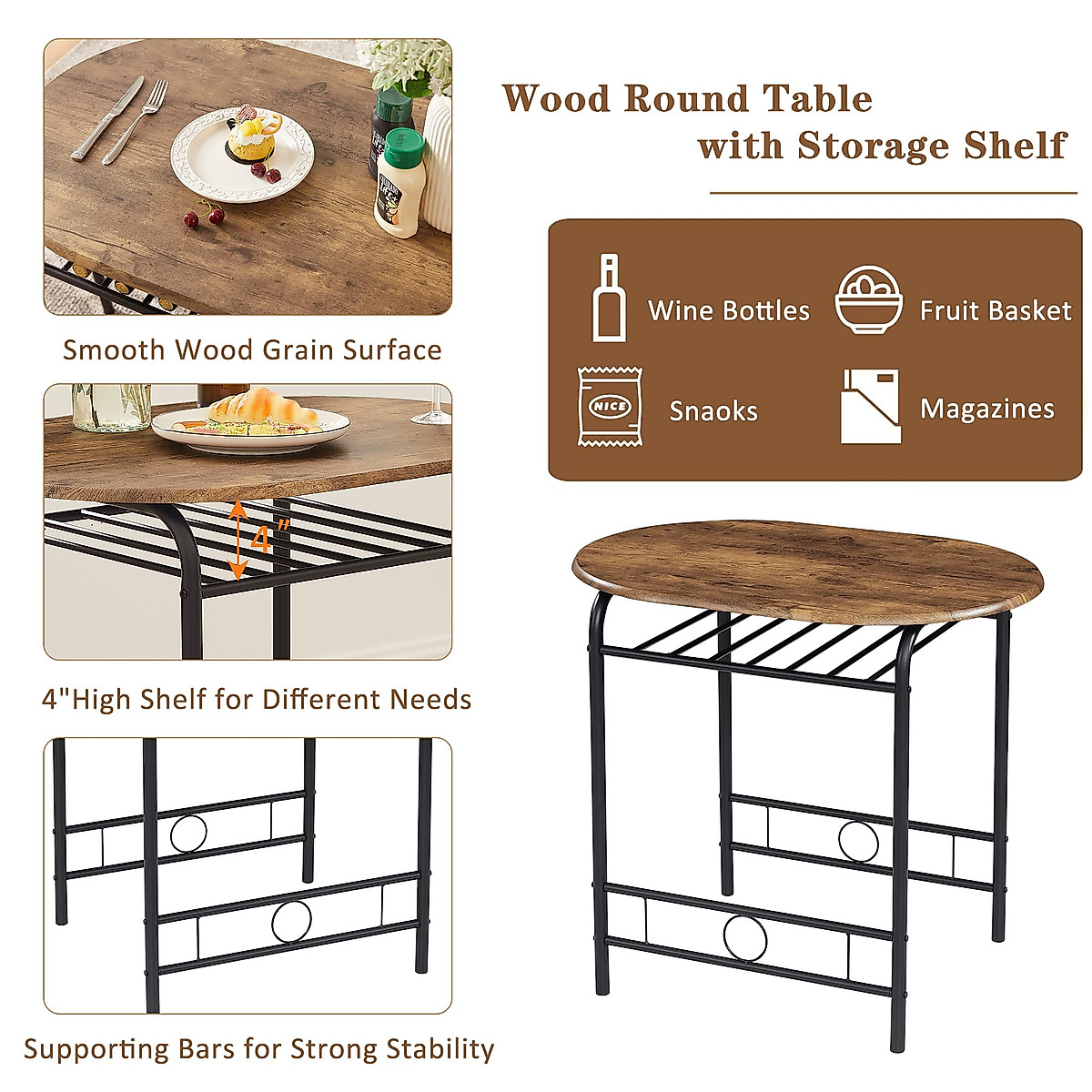 VECELO 3 Piece Small Round Dining Table Set for Kitchen Breakfast Nook, Wood Grain Tabletop with Wine Storage Rack, Save Space, 31.5", Antique & Black