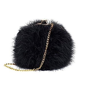 Flada Women's Faux Fluffy Feather Round Clutch Shoulder Bag, Black, Medium