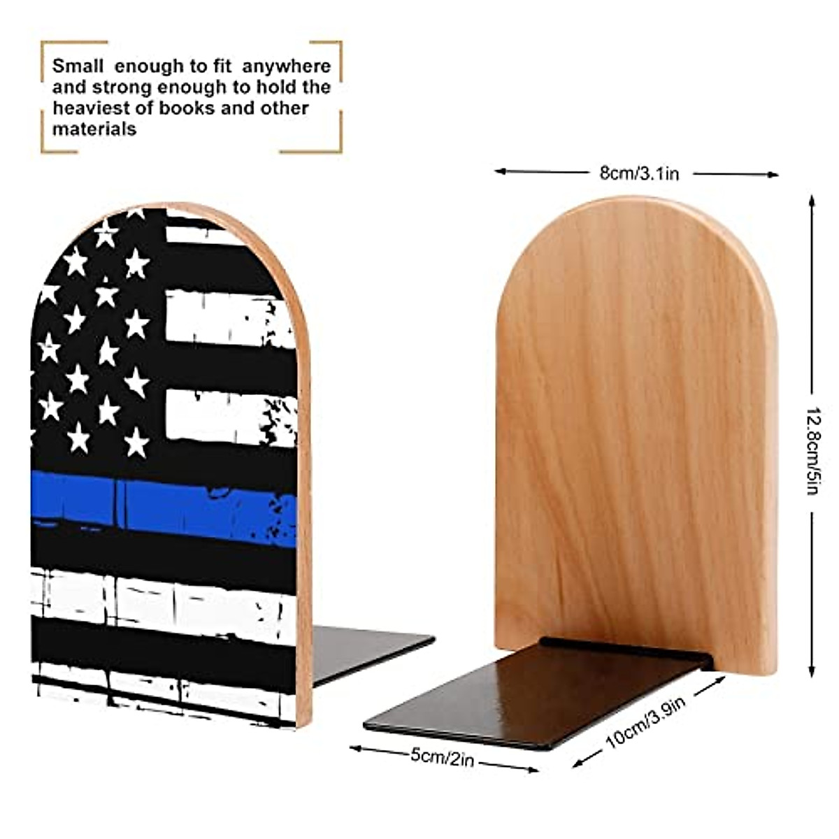 Hon-Lally American Blue Line USA Police Stars Flag Pattern Wood Bookends Decorative Bookend Non-Skid Office Book Stand for Books Office Files Magazine, One Size, Wood style