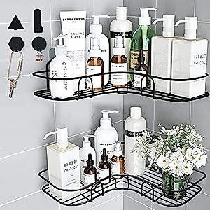 Huryfox Corner Shower Caddy Bathroom Organizer Shower Shelf with Hooks, Adhesive Shower Shelves, Wall Mounted Shampoo Holder, 2 Pack Shower Racks for Inside Shower, Black