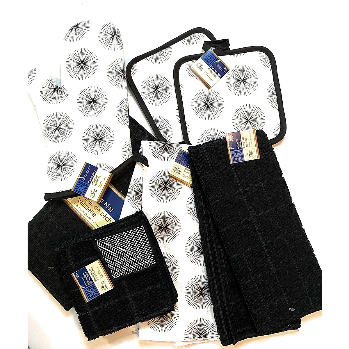 Black and White Burst Kitchen Towel Set with 2 Quilted Pot Holders, 2 Towels, Oven Mitt, 2 Microfiber Scrubbing Dish Cloths, Drying Mat