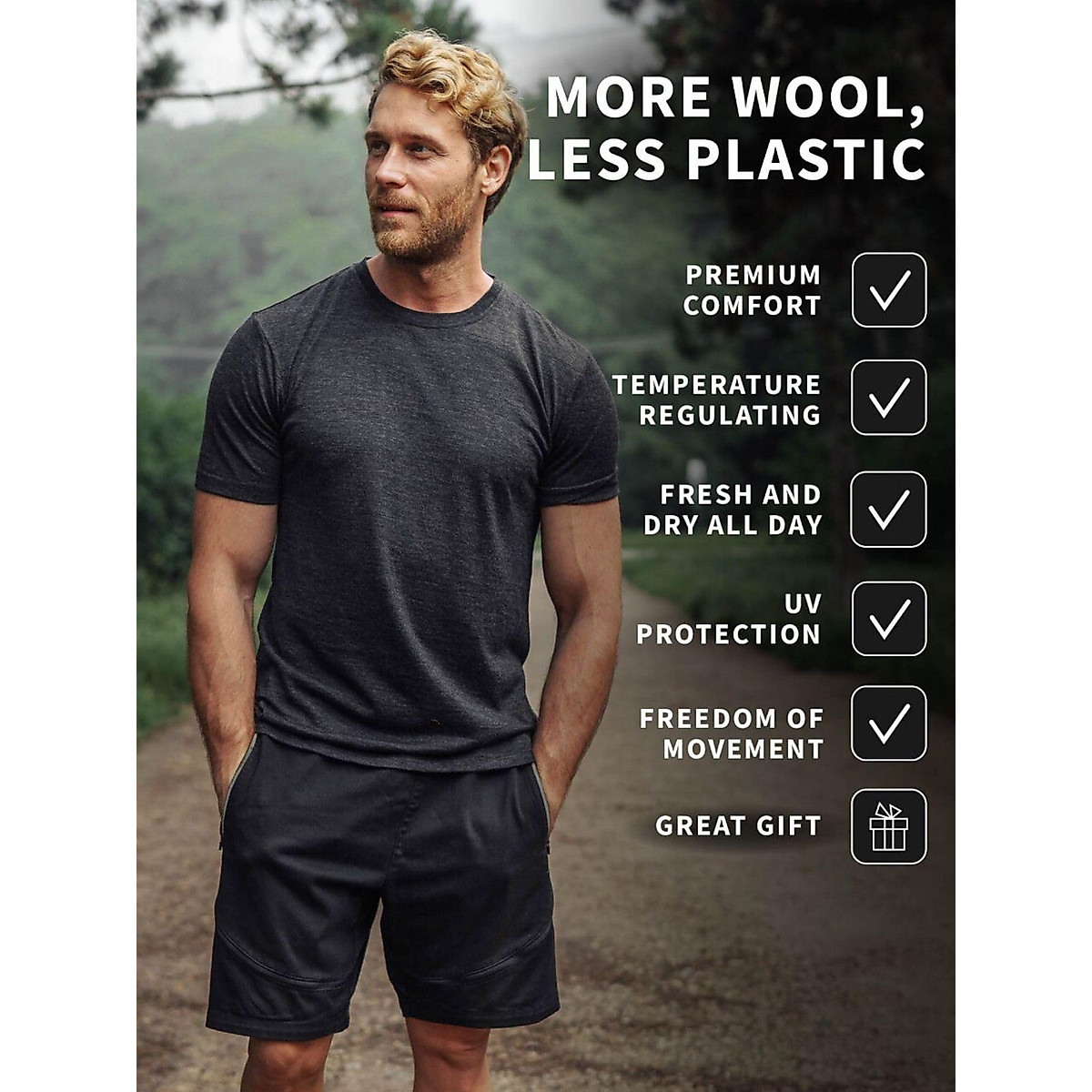 Merino.tech Merino Wool T-Shirt Mens - 100% Organic Merino Wool Undershirt Lightweight Base Layer (Heat Black, Medium)