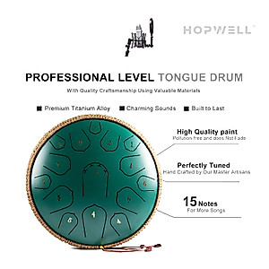 Steel Tongue Drum - HOPWELL 15 Note 14 Inch Tongue Drum - Hand Pan Drums with Music Book, Steel Handpan Drum Mallets and Carry Bag, D Major (Green)