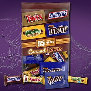 Mars SNICKERS, M&M'S Caramel, TWIX & MILKY WAY Caramel Variety Pack Fun Size Caramel Chocolate Candy Bar Assortment (33.43oz, 55 pieces) Bag