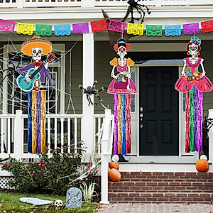 TaoBary 15 Pcs Day of the Dead Decorations Set 34 Inches Sugar Skull Hanging Decor 16.4 Ft Papel Picado Banners Mexicano Dia De Los Muertos Large Skull Decoration for Halloween Party Supplies