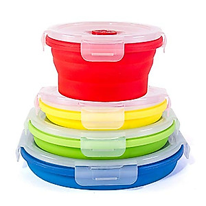 Thin Bins Collapsible Containers Set of 4 Round Silicone Food Storage Containers BPA Free, Microwave, Dishwasher and Freezer Safe - No more cluttered container cabinet! SC-149A