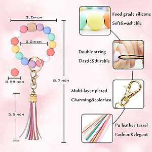 BAOSIWA Silicone Beaded Keychain Bracelet Wristlet Key Ring Rainbow Bangle Chains for Women with Leather Tassel