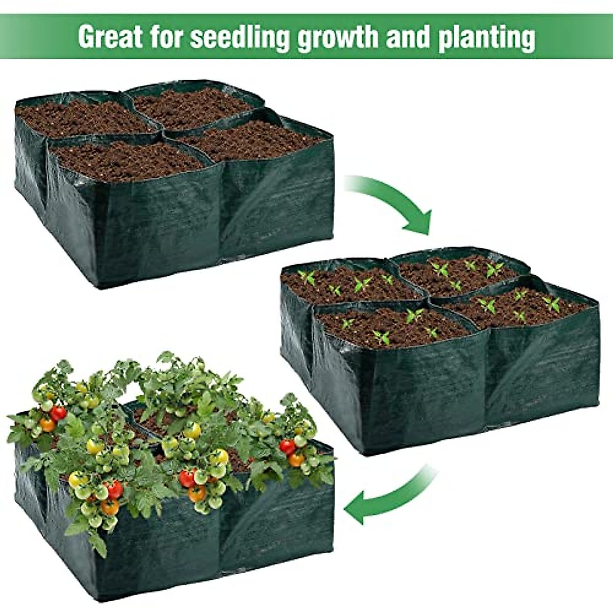 Apipi Raised Garden Planters Fabric Beds, Grow Bags with 4 Divided Grids, Square PE Planting Pots with Drainage Holes for Tomatoes Chillis Herbs Flowers Vegetables Plants