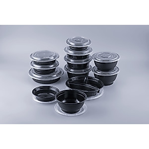 Meal Prep Round Containers -Heavy Duty Food Storage Containers w/Lids Plastic Bento Box Reusable BPA Free Lunch Boxes Disposable, Microwave Dishwasher Freezer Safe (Black - 40OZ, 50 Pack)