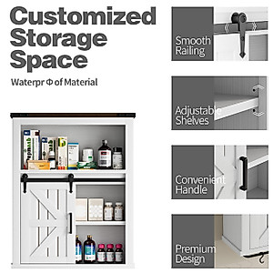 Vagaconl Bathroom Wall Cabinet, Farmhouse Medicine Cabinet Bathroom Cabinet Wall Mount with Barn Door Adjustable Shelves Towel Bar Hooks, for Laundry Bathroom Kitchen(Brown & Vintage White)