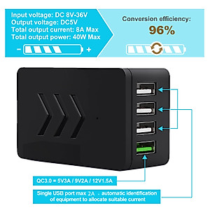 YIPIN HEXHA DC Converter with Battery Clip 12V/24V to 5V 4USB Port DC Power Adapter Buck Charging Module for Apple Android Phone Charging