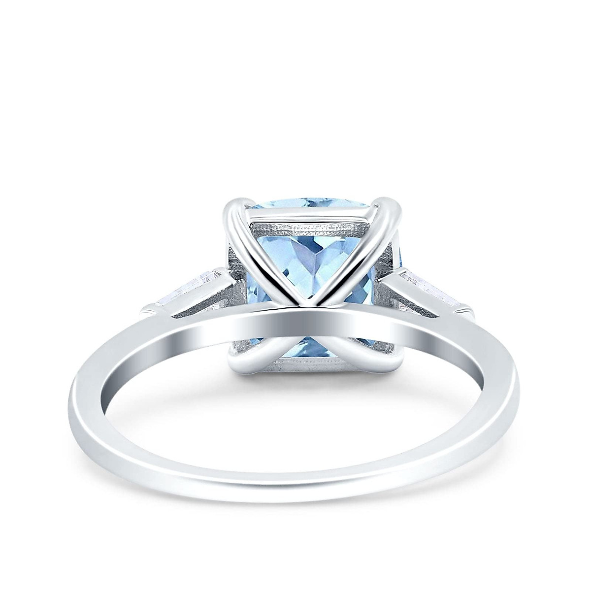 Blue Apple Co. Simulated Aquamarine Cubic Zirconia Size-7 Cushion Cut Art Deco Wedding Bridal Ring Baguette CZ 925 Sterling Silver