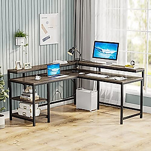 Tribesigns L Shaped Desk with Power Outlets, Reversible Corner Computer Desk with Monitor Stand and Storage Shelves, Home Office Gaming L Desk with USB Port, Gray …
