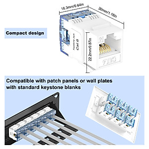 VCELINK Cat6 RJ45 Keystone Jacks Slim Profile 10-Pack, 180-Degree Ethernet Wall Jack Punch Down, Cat5e Cat5 Keystone Module Connector UTP, 110-Type for Wall Plate, Patch Panel (White)