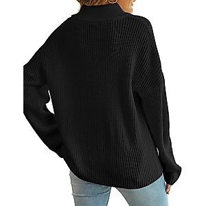 MEROKEETY Women's 2024 Long Sleeve Chunky Knit Sweaters 1/4 Zip Polo V Neck Casual Pullover Tops,Black,S