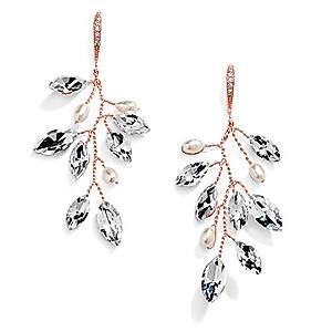 Mariell Bridal and Wedding Rose Gold Handmade Dangle Earrings, Crystal Gems and Petite Freshwater Pearls
