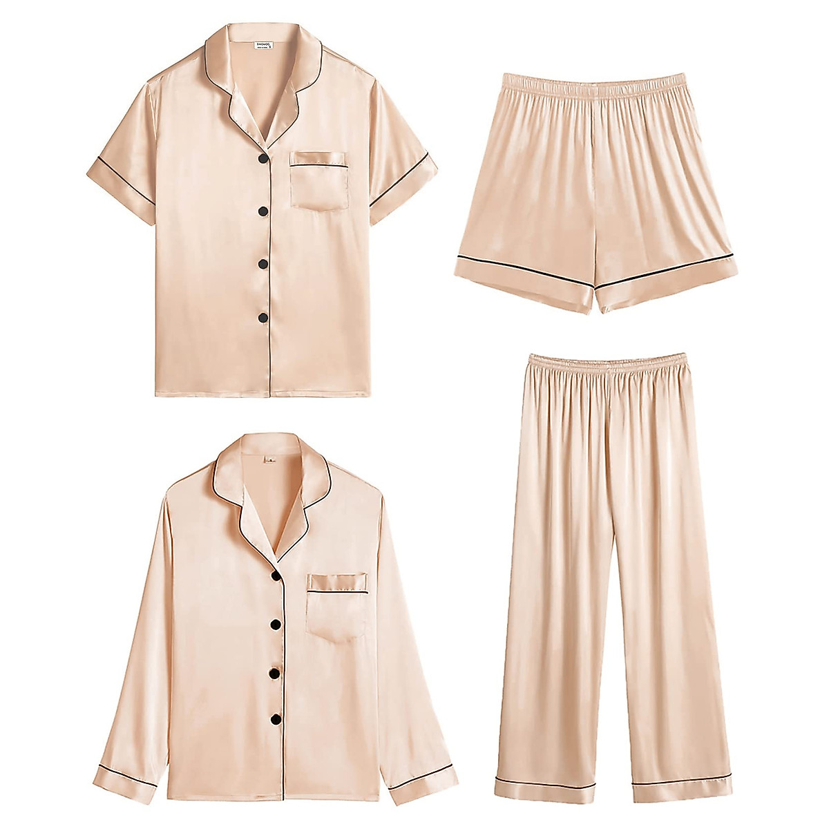 SWOMOG Women 4Pcs Silk Pajamas Set Button Down Sleepwear Loungewear Pj Sets for Ladies Nightwear Champagne Large