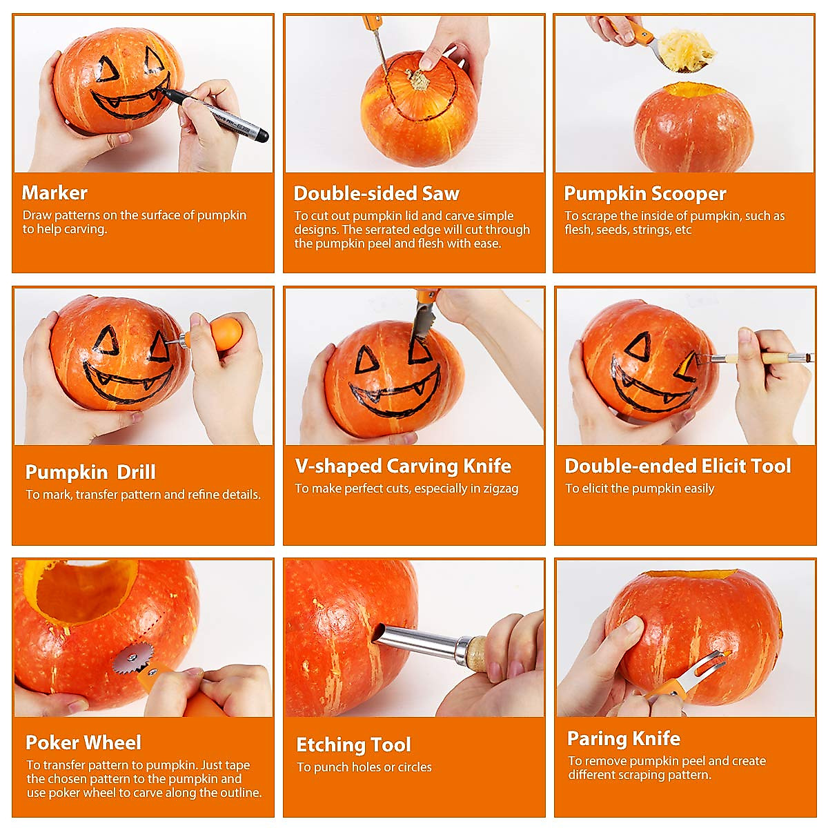 Unomor Halloween Pumpkin Carving Tools Kit, 15 PCS Professional Pumpkin Carving Set Includes Wooden Sculpture Knife Saw Marker for Halloween Pumpkin Decoration, Easily Carve Jack-O-Lantern