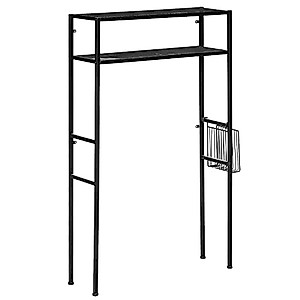 MyGift Modern Matte Black Metal Over The Toilet Shelf 2 Tier Storage Rack with Magazine Holder Basket