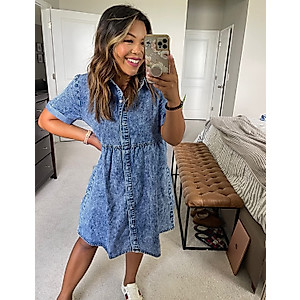 LookbookStore Denim Dress Womens Denim Babydoll Dress Short Sleeve Oversized Dress Lapel Collared Casual Dress for Women Summer Reef Blue Size L Babydoll Jean Dress Size 12, 14