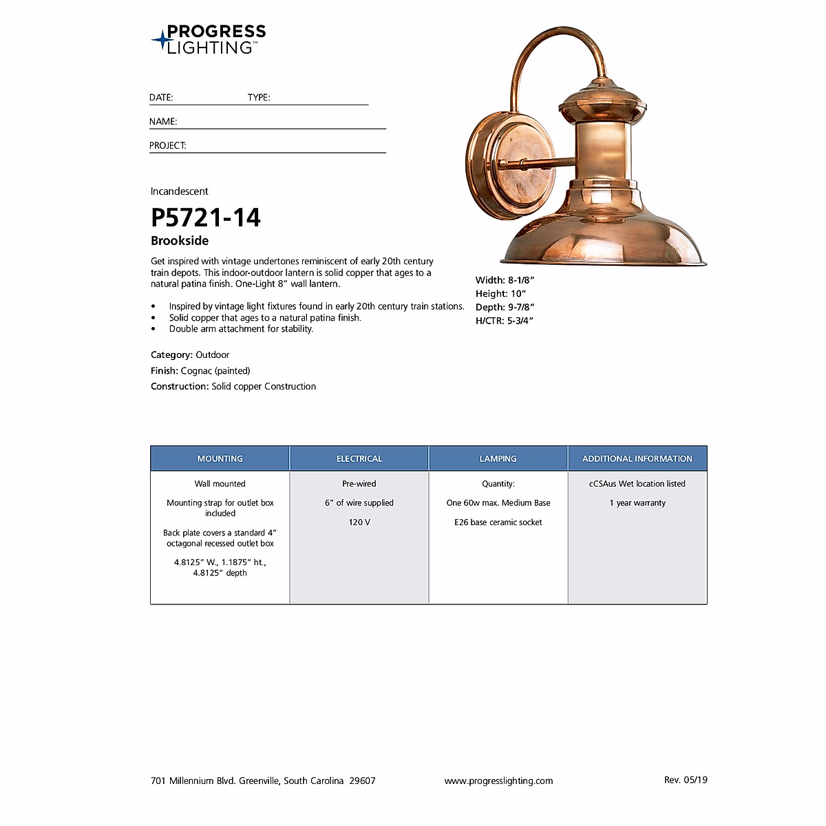 Progress Lighting P5721-14 Brookside Outdoor, 8-Inch Width x 9-3/4-Inch Height, Brown