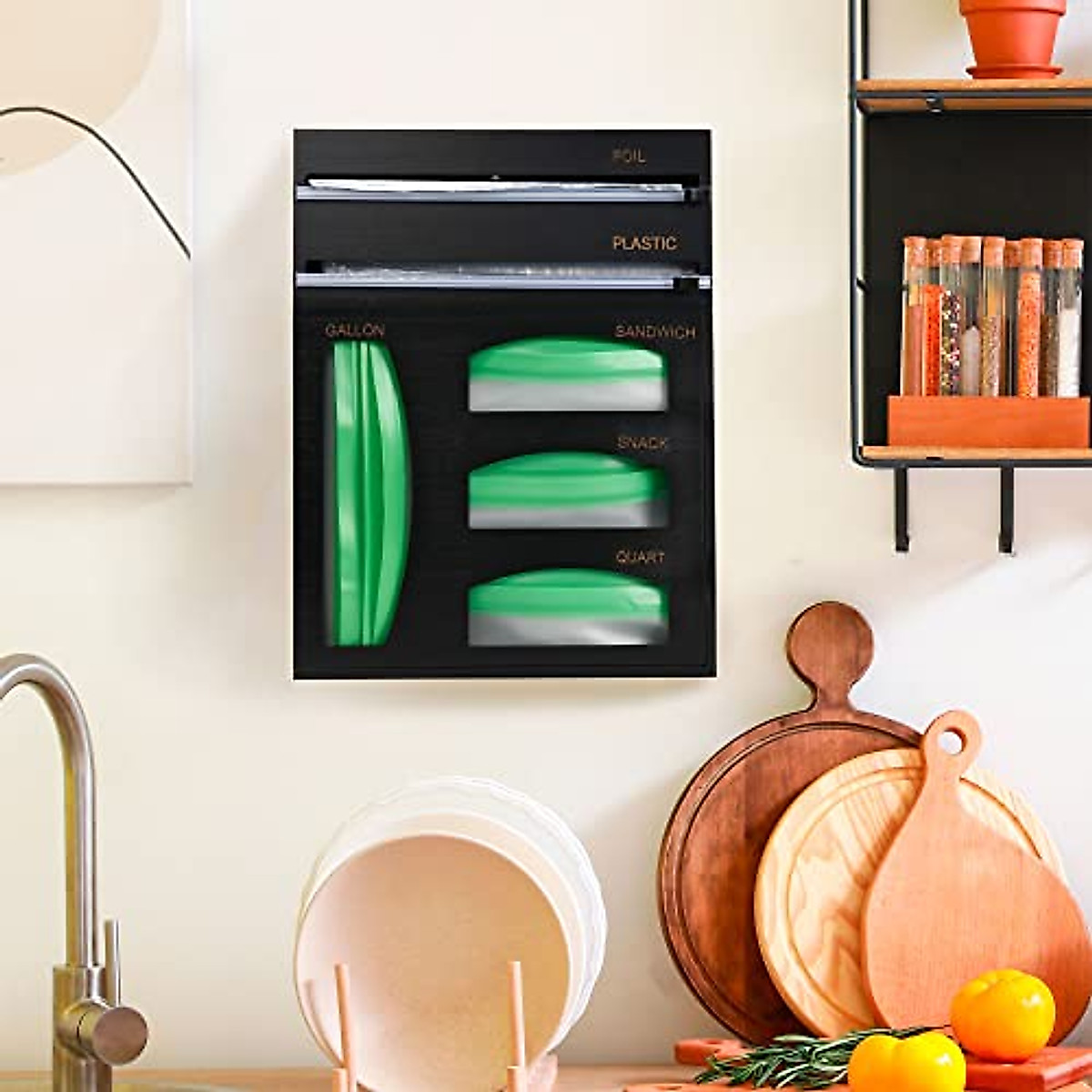 Maidek Ziplock Bag Storage Organizer - Plastic Bag Organizer & Foil Dispenser for Gallon, Quart, Sandwich, Snack Pouches, Plastic Wrap - Compatible with Ziplock Bags - 17x13.2x3" Black