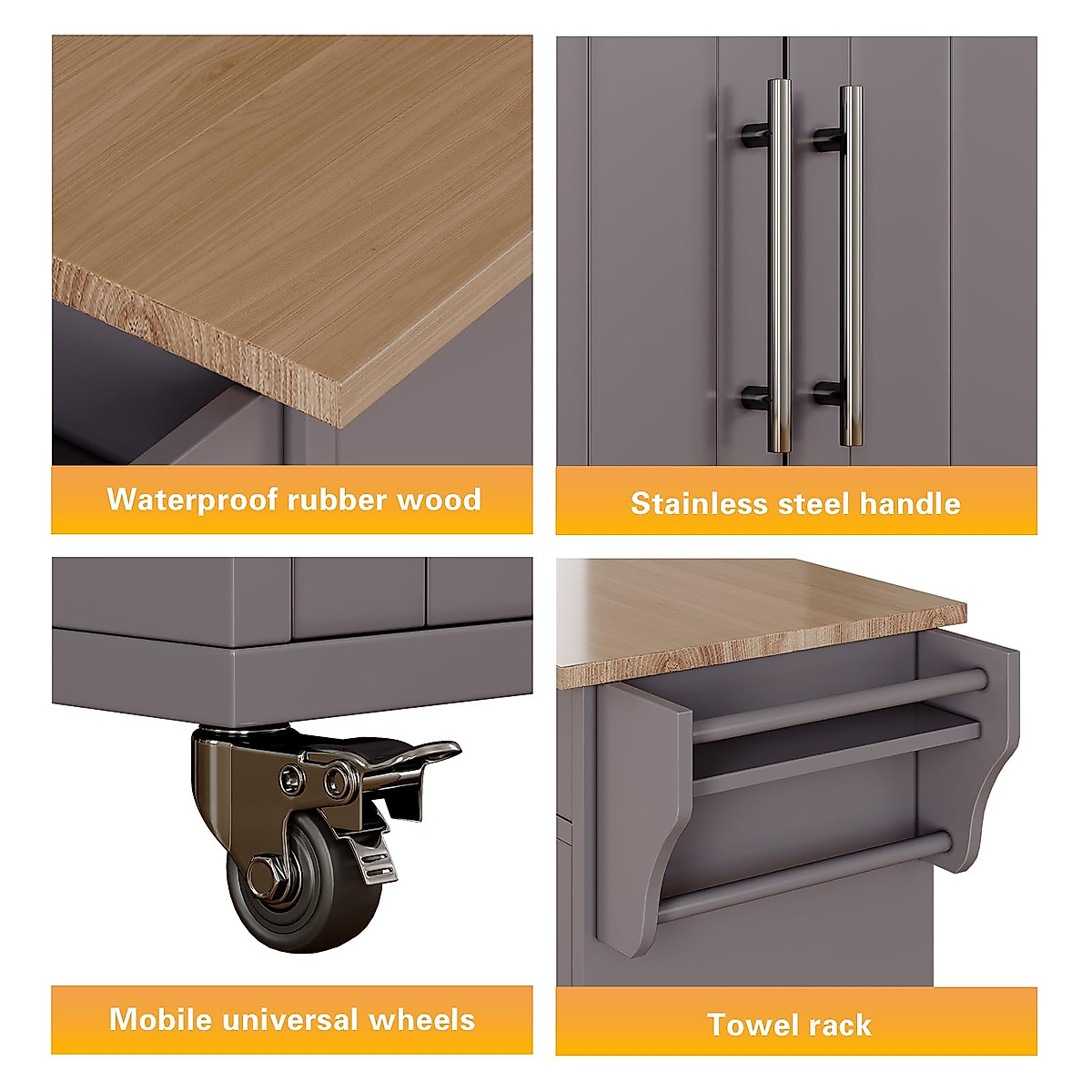 Tornama Kitchen Storage Island, Wooden Rolling Kitchen Island On Wheels with Countertop, Mobile Kitchen Island Cart with Towel Rack, Spice Rack and Drawers, Grey