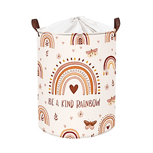 Clastyle 63L Boho Rainbow Laundry Basket for Girl Heart Butterfly Pink Kids Dirty Clothes Nursery Hamper Large Clothes Toys Storage Basket with Lid, 15.7x19.7 in