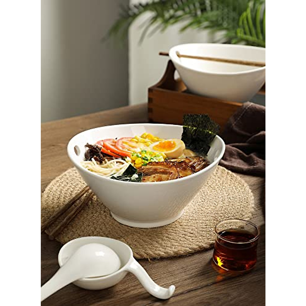 Sweese 148.201 Porcelain 35oz Ramen Bowl Set of 2 with Chopsticks & Spoons & Dipping Dishes, Large Bowls for Udon/Soba/Pho/Noodles/Ramen/Salad/Soup - White, Unique Design