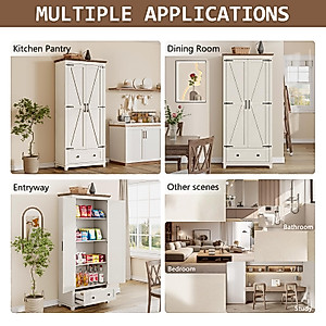 LUXOAK Farmhouse Kitchen Pantry Cabinet, 72" Tall Storage Cabinet with Adjustable Shelves & Barn Doors, Freestanding Kitchen Cupboard for Dining Room, Living Room, Barnwood+White