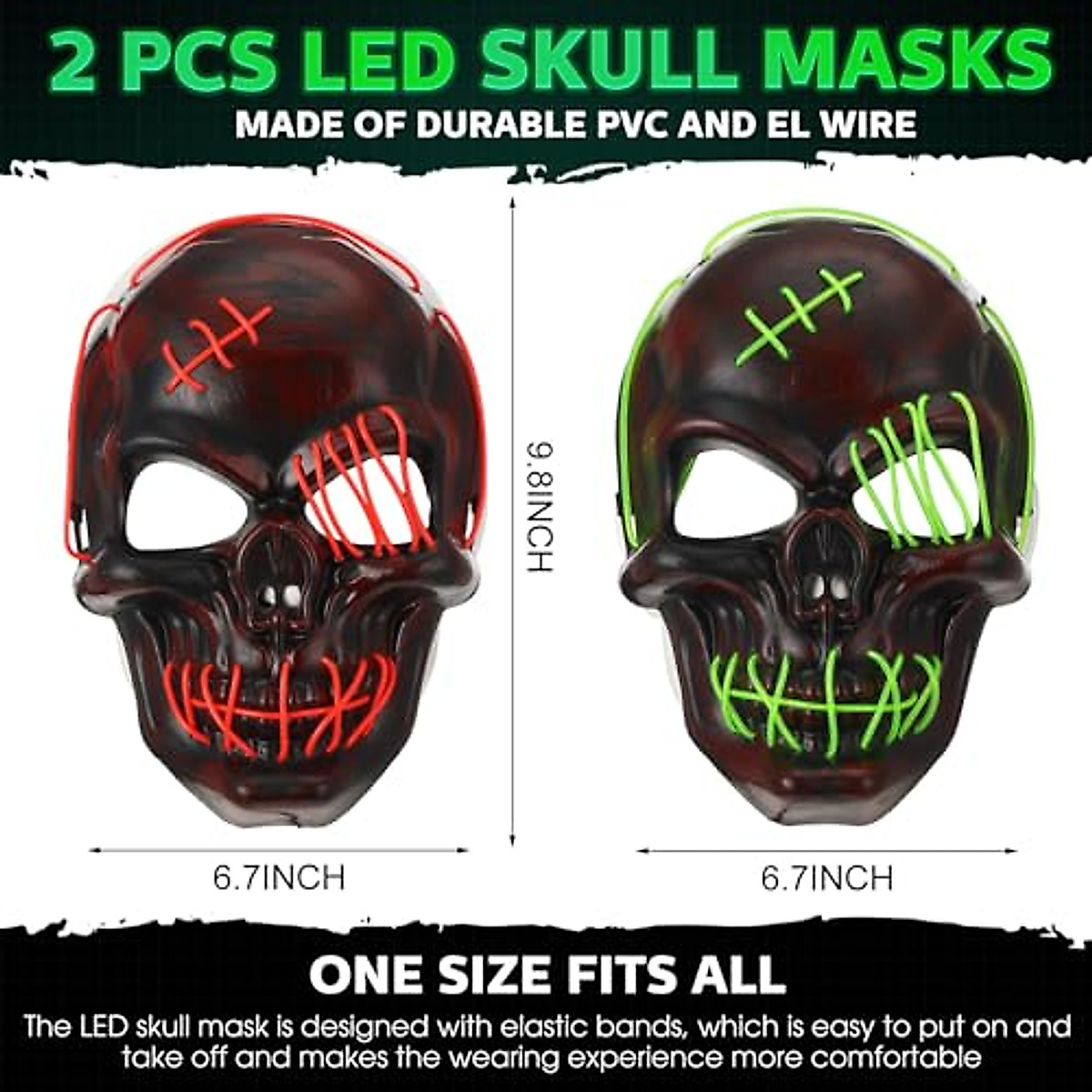 Liliful 2 Pcs Halloween Mask LED Light up Skull Mask Glow in The Dark Scary Spooky Skeleton Mask (Red, Green)