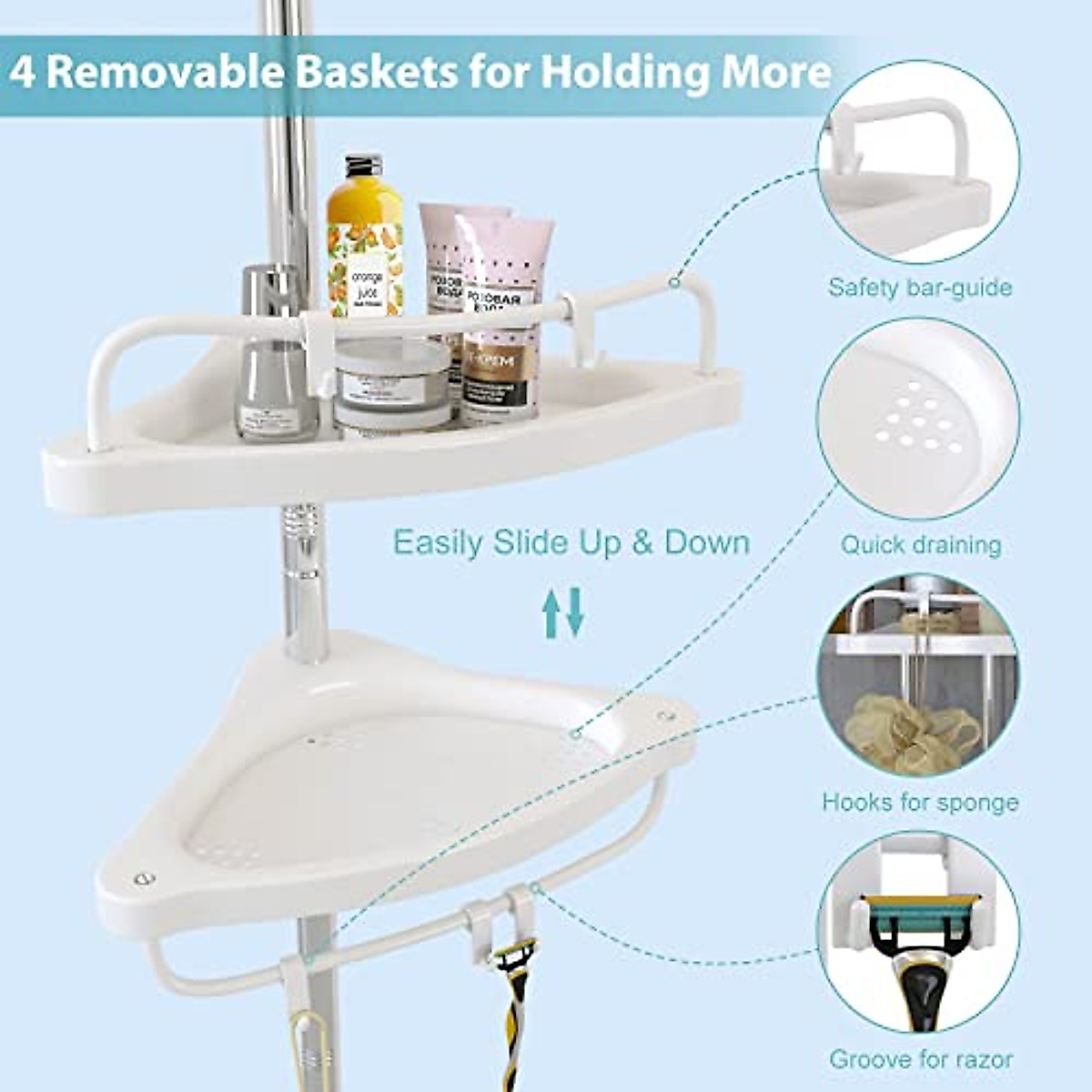DAKEPOLE Rustproof Tension Shower Caddy, Stainless Steel Corner Stand Storage Organizer with Tension Pole for Bathroom Bathtub Shampoo Soap Plants, 4-Tier Adjustable Shelves,54 to 125 Inch