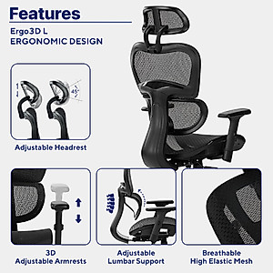 Nouhaus Ergo3dL Home Office Desk Chairs Ergonomic Office Chair High-Back Mesh Rolling Work Chairs with Wheels and Adjustable Headrests Comfortable Lumbar Support Adjustable Armrests