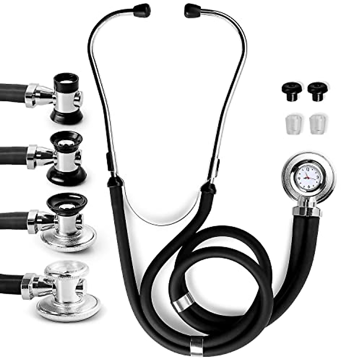 Primacare DS-9298 Black Medical Clock Stethoscope with Analog Watch, 22" Tubing Convertible Regular Sprague Rappaport Stethoscopes, First Aid Emergency Essential Kits with Headset