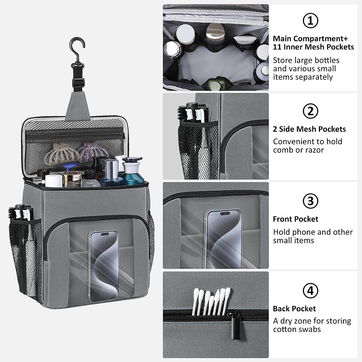 Shinowa Large Portable Shower Caddy Tote Bag with Quick Dry Mesh Base for College & Dorm Travel Toiletry Bag Summer Camp Travel RV Essentials Shower Bag for Student, Gym, Women & Men, Gray