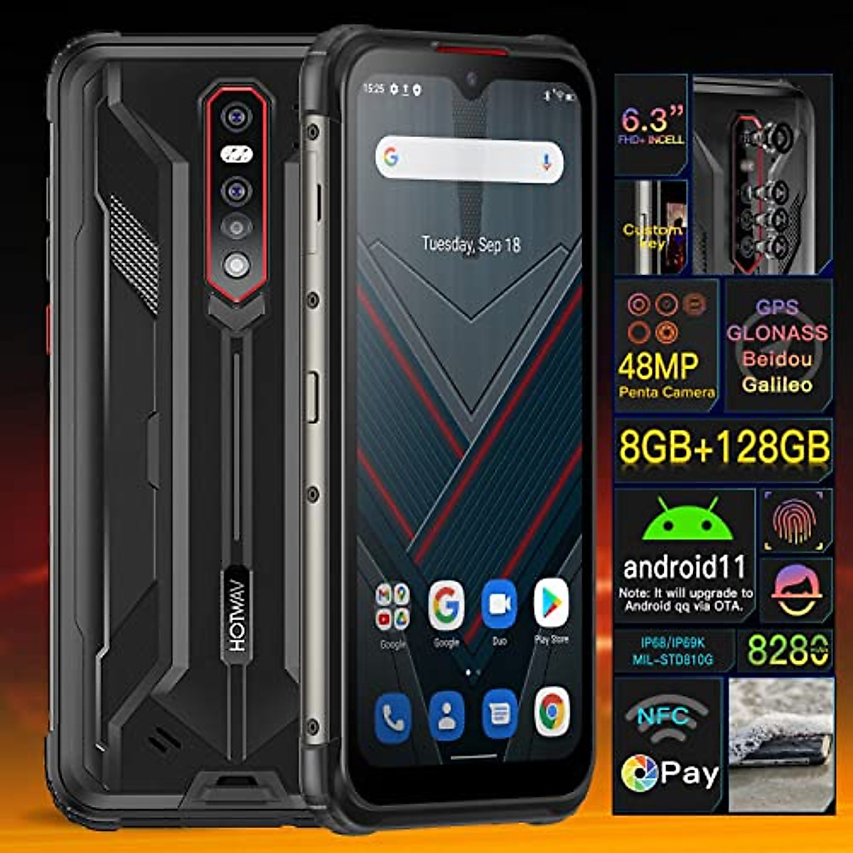 HOTWAV 5G Rugged Smartphone Unlocked,8280mAh Battery 6.3" FHD+ Screen 48MP Five Camera Cell Phone, 8G+128GB Android 11 IP68/IP69K Waterproof Rugged Phone Cyber 7 (Black)