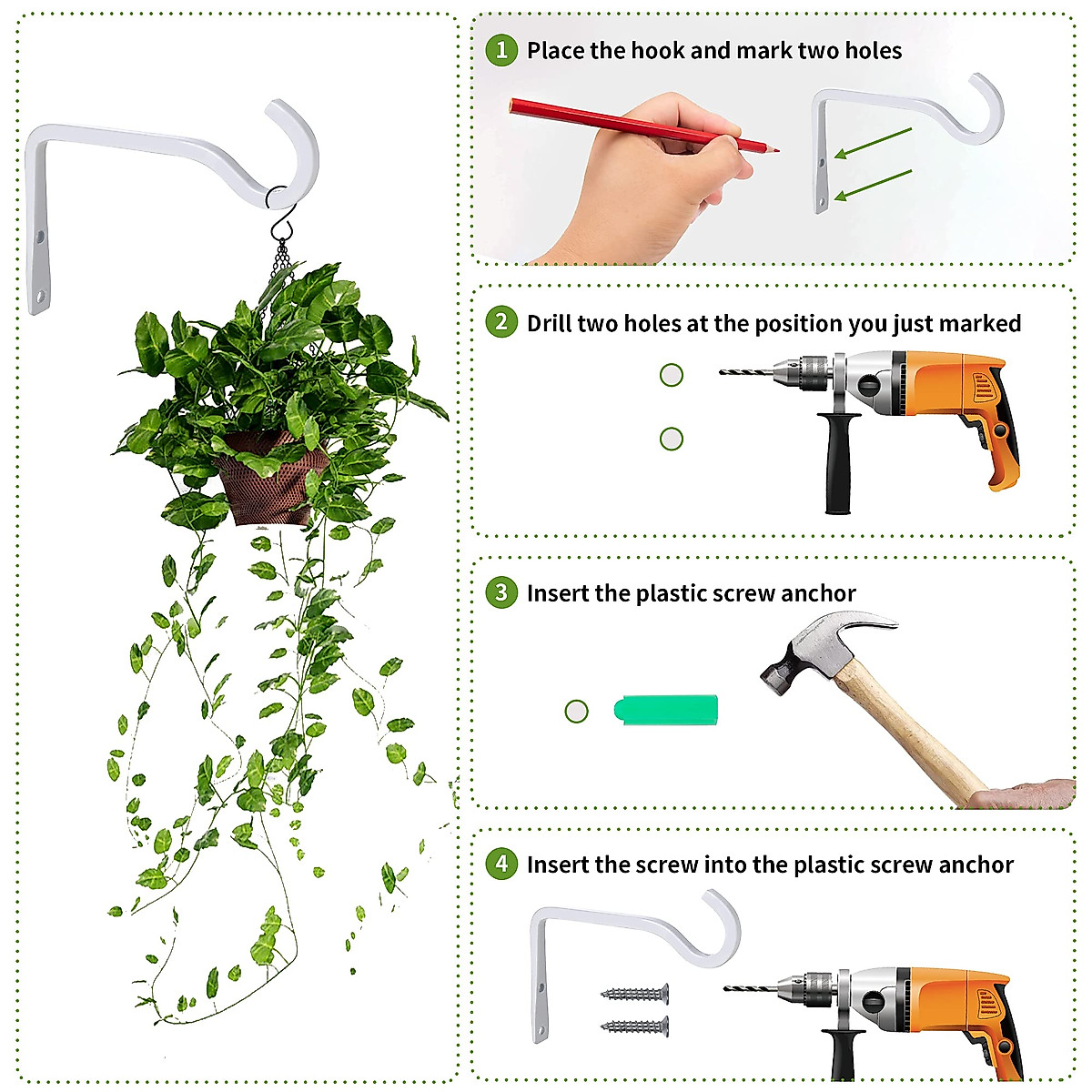 YIBOT 6 Inch Heavy Duty Outdoor Plant Hangers for Hanging Baskets, Iron Hanging Plant Holder,Metal Plant Hooks Plant Wall Hooks for Hanging Lantern, Bird Feeder(2 Pack,White)