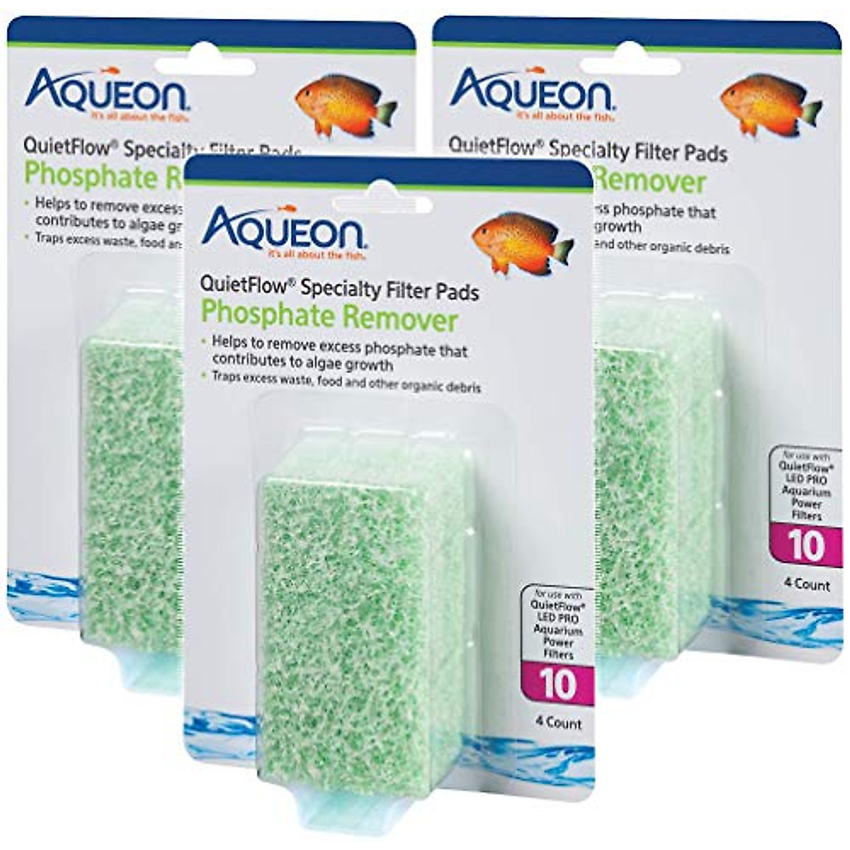 (3 Pack) Aqueon QuietFlow Phosphate Remover Specialty Filter Pads, Size 10, 4 Pads Per Pack